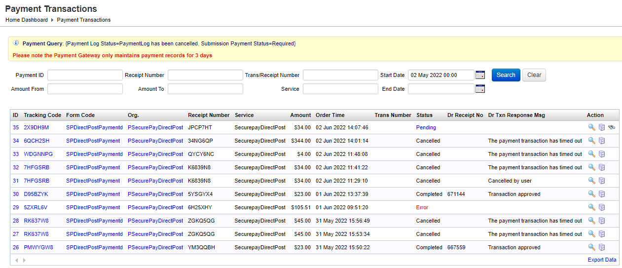 View Payment Transactions