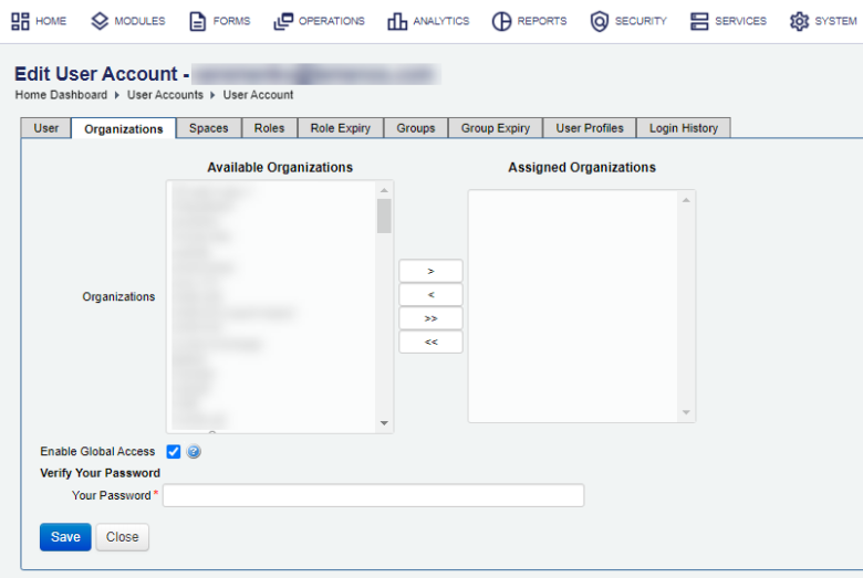 Assign Organizations to a User Account